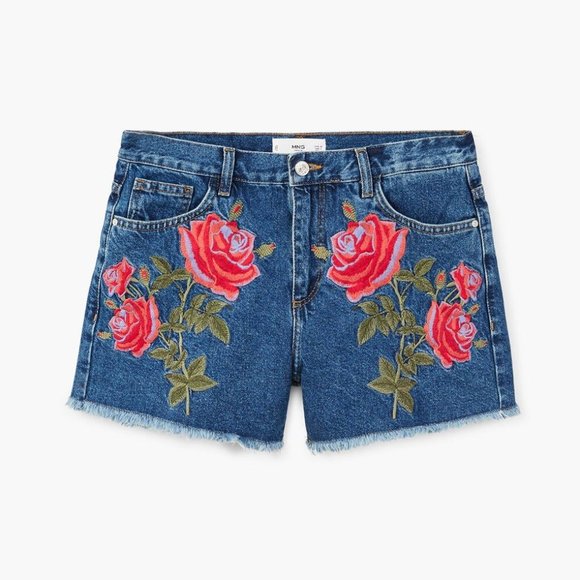 Mango | Shorts | Mango Floral Embroidered Denim Rose Patch Frayed ...